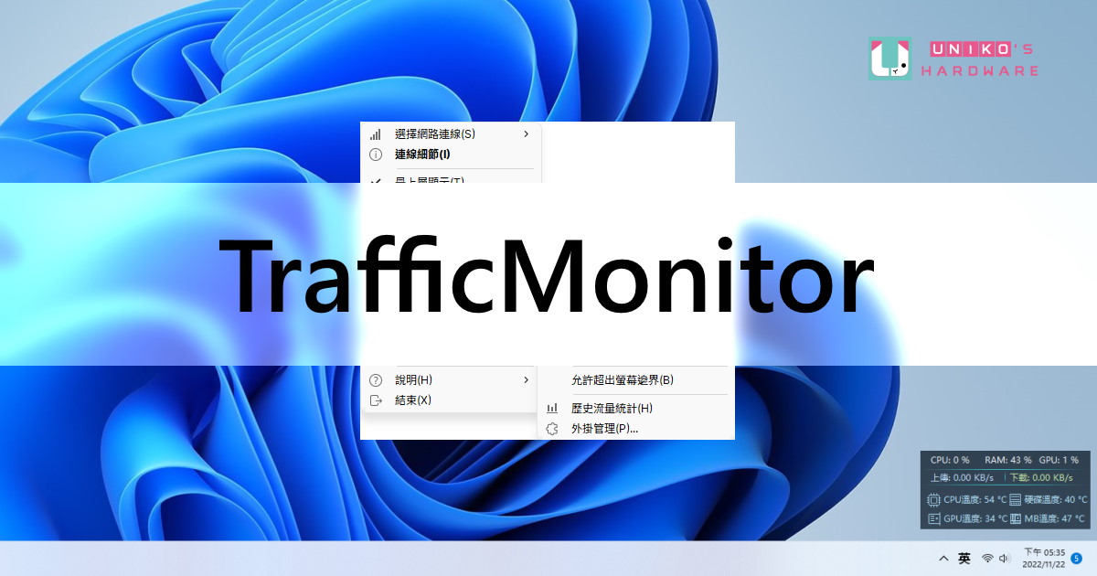 免費網路速度與硬體監控小工具 - TrafficMonitor | UNIKO's Hardware